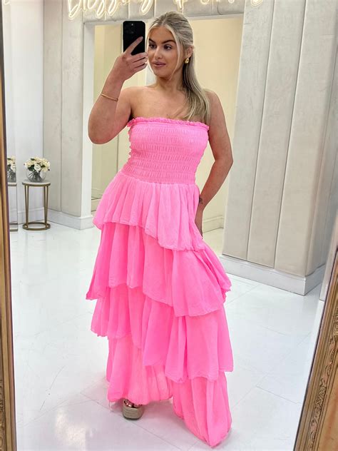 Kleo Neon Pink Bandeux Frou Frou Maxi Dress Ellatino London