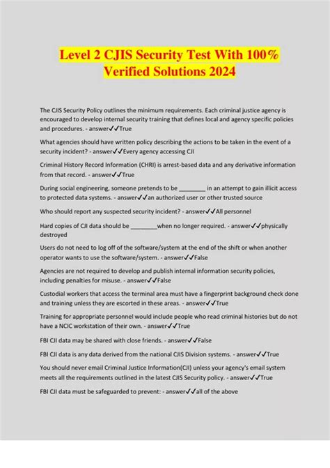 Level 2 Cjis Security Test With 100 Verified Solutions 2024 Cjis Stuvia Us