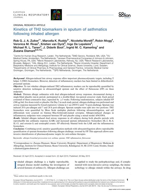 Pdf Kinetics Of Th2 Biomarkers In Sputum Of Asthmatics Following Inhaled Allergen