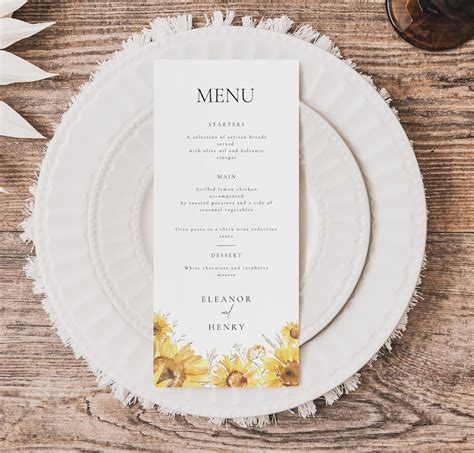Sunflower Wedding Menu Template Botanical Floral Design Digital