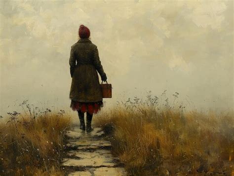 A Painting Of A Woman Walking Down A Path With A Suitcase In Her Hand