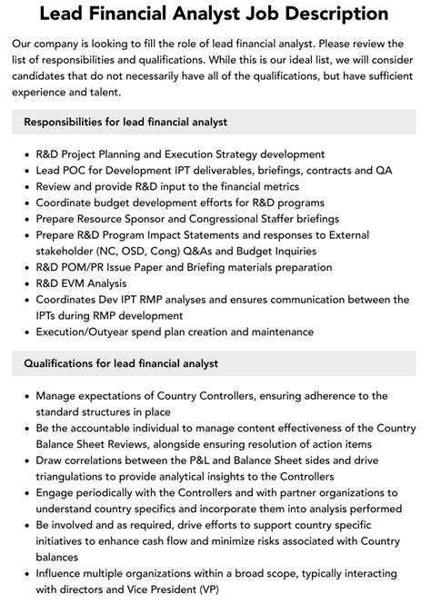 Lead Financial Analyst Job Description Velvet Jobs