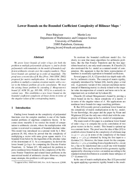 Pdf Lower Bounds On The Bounded Coefficient Complexity Of Bilinear Maps