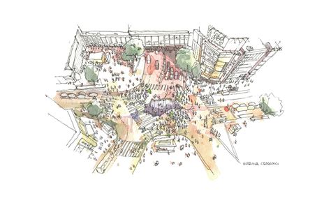 Shibuya Crossing Architectural Sketch In Watercolor And Ink 85x55