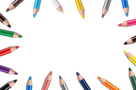 연필 배경 흩어진 색연필 모의 연필 또는 크레용 흰색 배경 현실적인 3d 벡터 일러스트 레이 션에 다채로운 연필 프레임 테두리 프리미엄 벡터