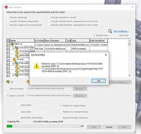 pack and go feature not working properly r solidworks