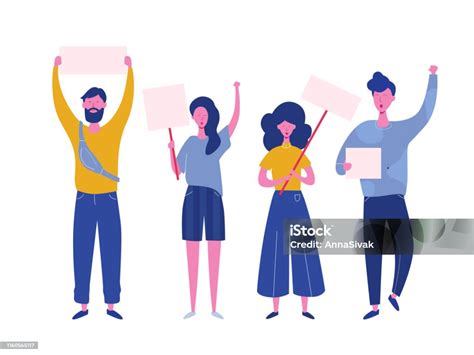 현수막과 현수막을 들고 항의하는 군중들 정치 집회 퍼레이드 또는 집회에 남성과 여성 문자 남성과 여성 시위대 또는 활동가의 그룹 벡터 일러스트레이션 벡터에 대한 스톡 벡터