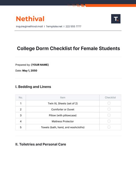 Free College Dorm Checklist For Female Student Template Edit Online