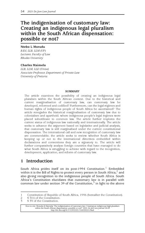 The Indigenisation Of Customary Law 54 2021 De Jure Law Journal The