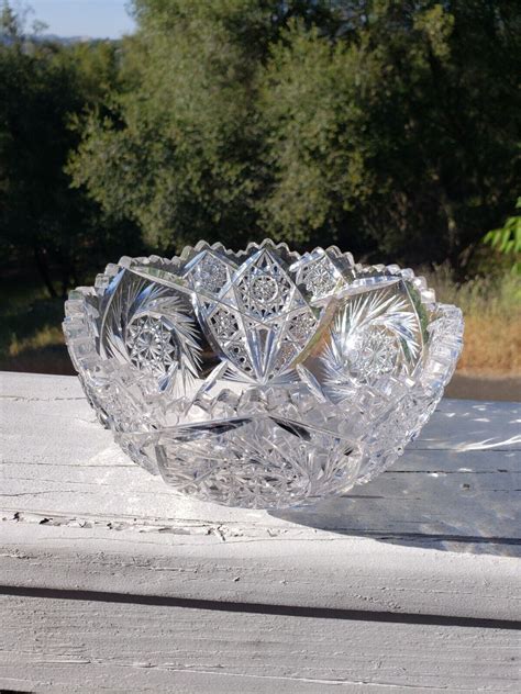 Antique American Brilliant Cut Glass Bowl Hobstar Pattern 7 Lead