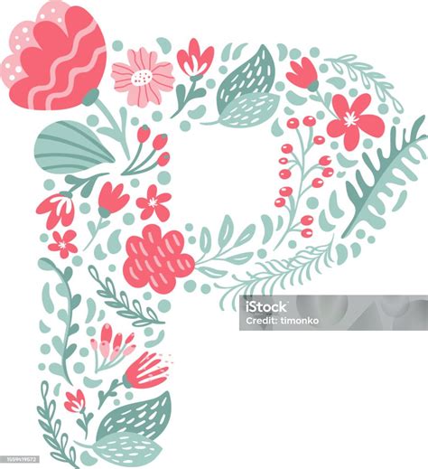 벡터 손으로 그린 글꼴 문자 P와 꽃과 나뭇가지가 봄을 피운다 꽃 알파벳 타이포그래피 대문자 여름 편지 모노그램 또는 로고 디자인 웨딩 Abc 0명에 대한 스톡 벡터 아트