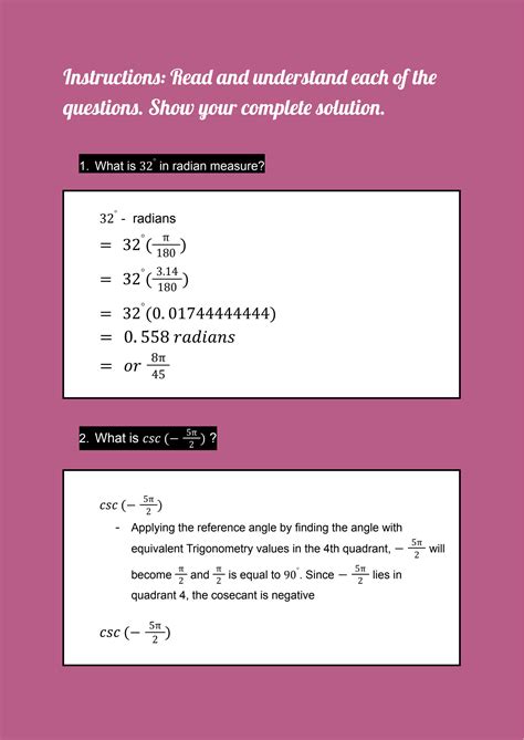 Solution Precalculus Functionality Assessment Range Domain Radian Measure Sine Cosine Tangent
