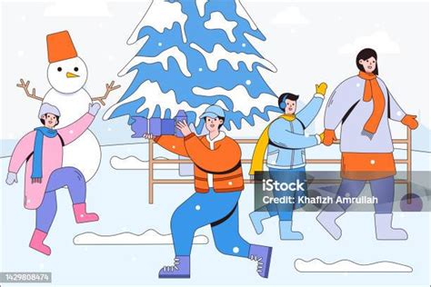 가족이 공원에서 여가 시간을 보내고 아버지와 딸이 눈사람을 만들고 사진을 찍고 어머니와 아들이 손을 잡고 걷습니다 윤곽선이있는 만화 캐릭터 방문 페이지의 벡터 일러스트 레이