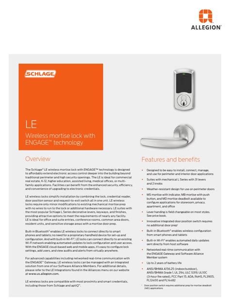 Schlage Le Series Data Sheet 111389 Pdf Wi Fi Access Control