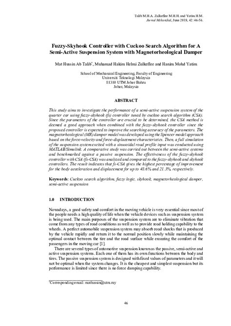 Pdf Fuzzy Skyhook Controller With Cuckoo Search Algorithm For A Semi