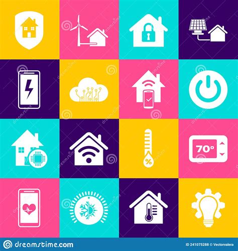 Set Light Bulb And Gear Thermostat Power Button House Under Protection Internet Of Things