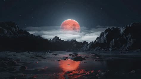 Crimson Moon Over Silent Tides Live Wallpaper In 4k