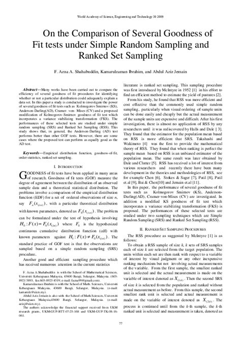Pdf On The Comparison Of Several Goodness Of Fit Tests Under Simple Random Sampling And Ranked