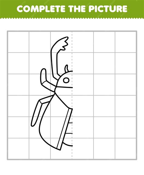 어린이를 위한 교육 게임은 인쇄 가능한 버그 워크시트를 그리기 위한 귀여운 만화 사슴벌레 절반 개요 그림을 완성합니다