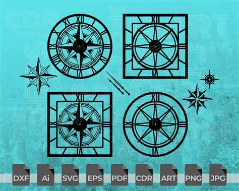 Compass Wall Clock Dxf File Compass Svg Compass Clock Laser Etsy