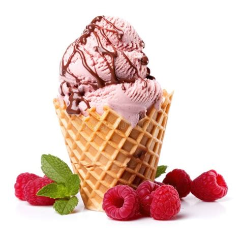 Raspberry Ice Cream Cone With Chocolate Drizzle And Fresh Berries On