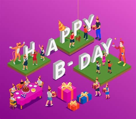 다양한 재미있는 활동 3d 벡터 삽화 동안 축제 테이블과 아이들이 있는 어린이 생일 파티 아이소메트릭 구성 무료 벡터