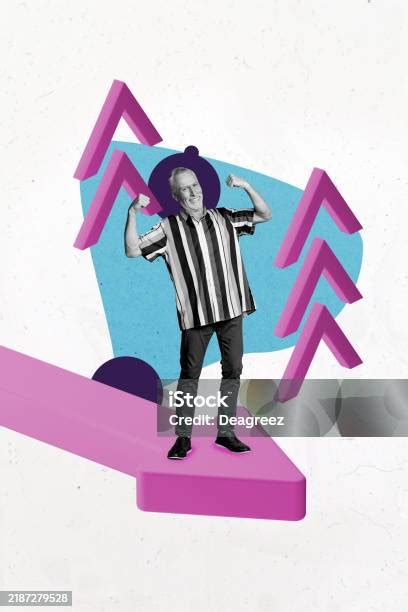 복합 트렌드 아트 워크 스케치 콜라주 사무실 관리자 톱니 바퀴 작업 공간 늙은 남자 스탠드 거대한 화살표 3d 쇼 방향 포즈 근육 3차원 형태에 대한 스톡 사진 및 기타