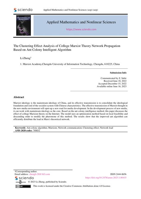 Pdf The Clustering Effect Analysis Of College Marxist Theory Network Propagation Based On Ant