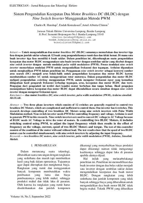 Pdf Sistem Pengendalian Kecepatan Dua Motor Brushless Dc Bldc Dengan Nine Switch Inverter