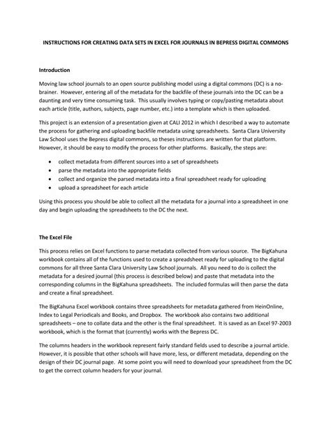 Pdf Instructions For Creating Data Sets In Excel For · Spreadsheets