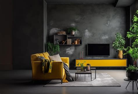 Premium AI Image Empty Living Room With Kitchenette Minimalist Dark