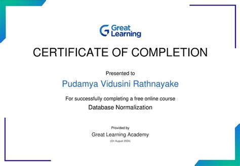 Completed Database Normalization Course By Great Learning Pudamya