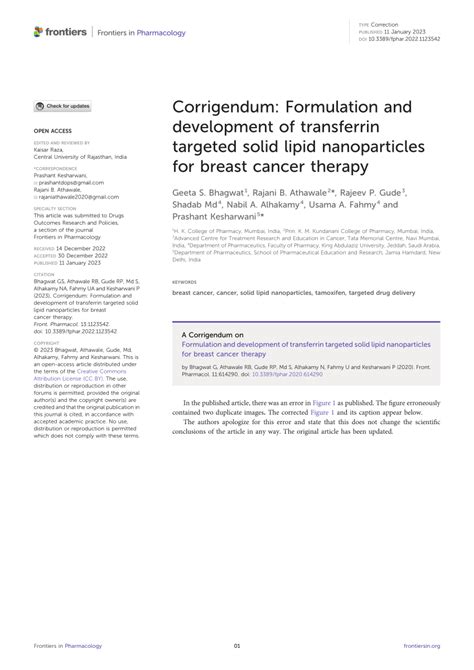 Pdf Corrigendum Formulation And Development Of Transferrin Targeted Solid Lipid Nanoparticles
