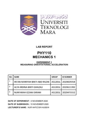 LAB Report PHY110 LAB REPORT PHY110 EXPERIMENT 3 ANALYSIS From The