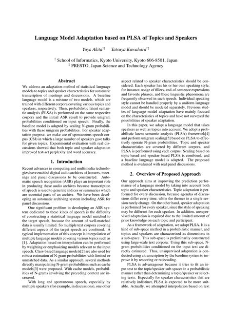 Pdf Language Model Adaptation Based On Plsa Of Topics And Speakers