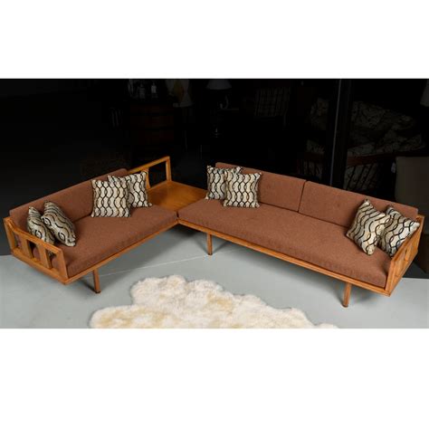 Restored Mid Century Modern Oak Sectional Sofa With Reversible End Table