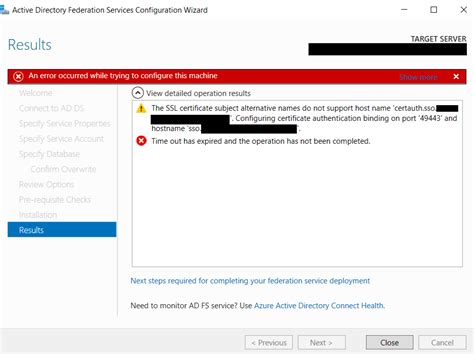 Active Directory Federation Services Configuration Timeout Error
