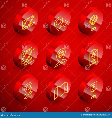 Set Line City Map Navigation Location Stop Sign Folded With Location Marker And Icon