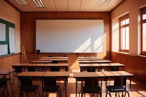 Empty Modern Classroom With Blank Whiteboard Bright Sunny Education