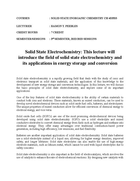 Solid State Electrochemistry This Lecture Will Introduce The Field Of