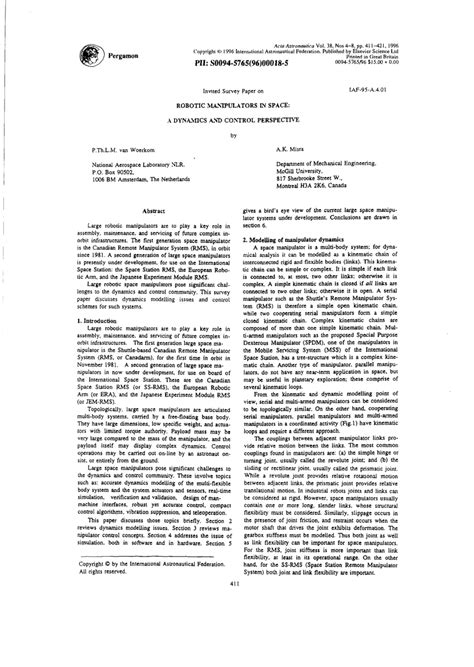 Pdf Robotic Manipulators In Space A Dynamics And Control Perspective