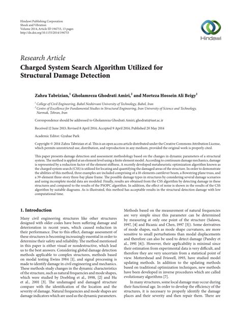Pdf Charged System Search Algorithm Utilized For Structural Damage