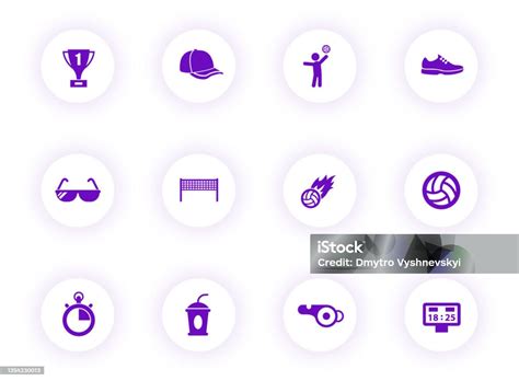 보라색 그림자가있는 밝은 둥근 버튼에 배구 보라색 색상 벡터 아이콘 웹 모바일 앱 Ui 디자인 및 인쇄를 위한 배구 아이콘 세트 보라색에 대한 스톡 벡터 아트 및 기타