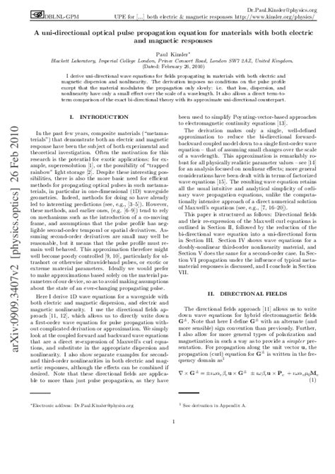 Pdf Unidirectional Optical Pulse Propagation Equation For Materials