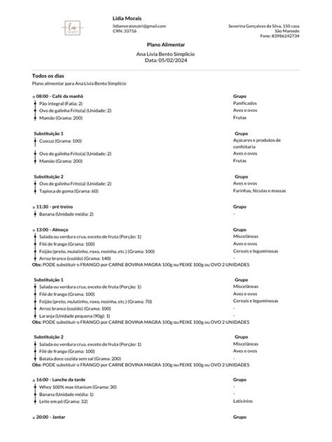 Plano Alimentar De Ana Lívia Bento Simplicio Pdf Carne Alimentos