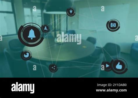 Animating Social Media Icons And Network Connections In Modern Office Conference Room Digital