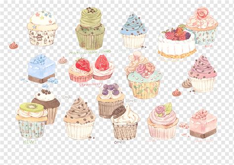 여러 가지 빛깔의 컵 케이크 일러스트 초콜릿 케이크 쇼트 케이크 생일 케이크 컵 케이크 차 초콜릿 케이크 수채화 그림 크림 그린 png PNGWing