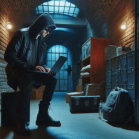 Hacker Entering Secret Base Laptop In Hand Preparing To Create Viruses