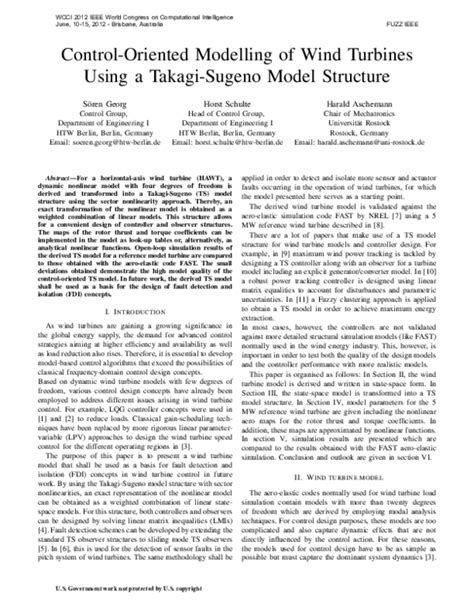 Pdf Control Oriented Modelling Of Wind Turbines Using A Takagi Sugeno Model Structure