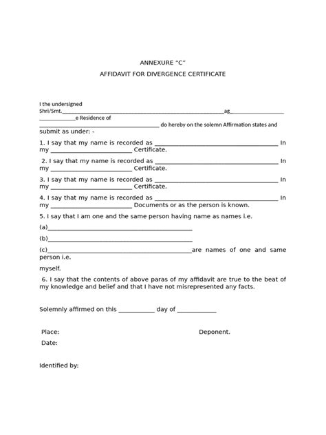 Affedevit For Divergence Certificate Pdf